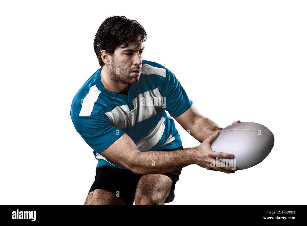 Rugby player in a Blue uniform. White Background Stock Photo - Alamy