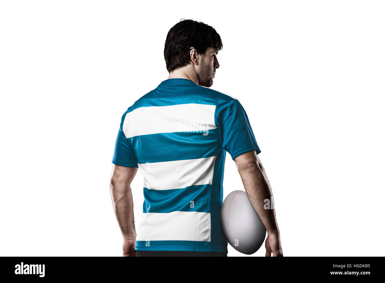 Rugby player in a Blue uniform. White Background Stock Photo - Alamy