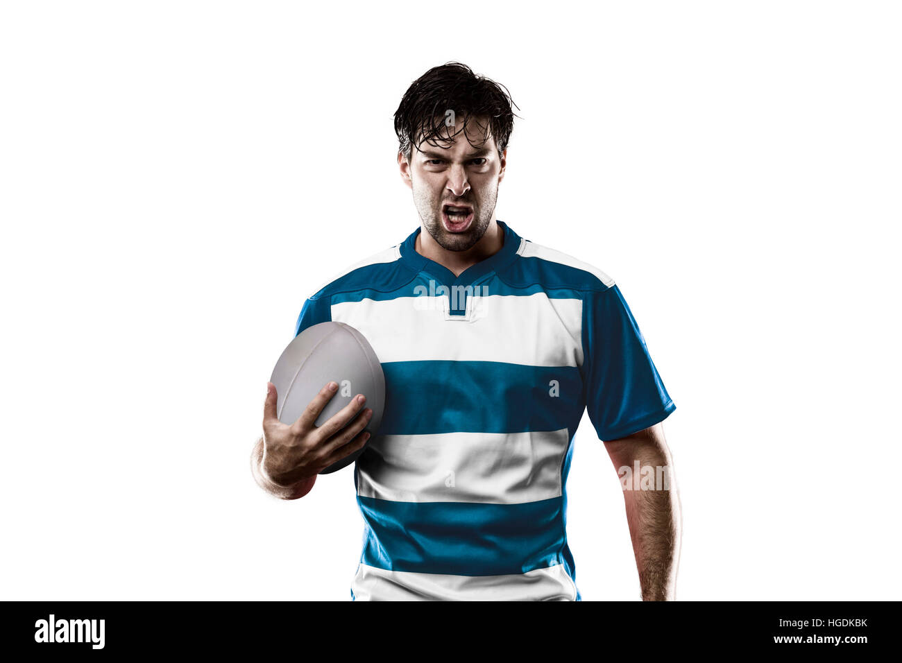 Rugby player in a Blue uniform. White Background Stock Photo - Alamy