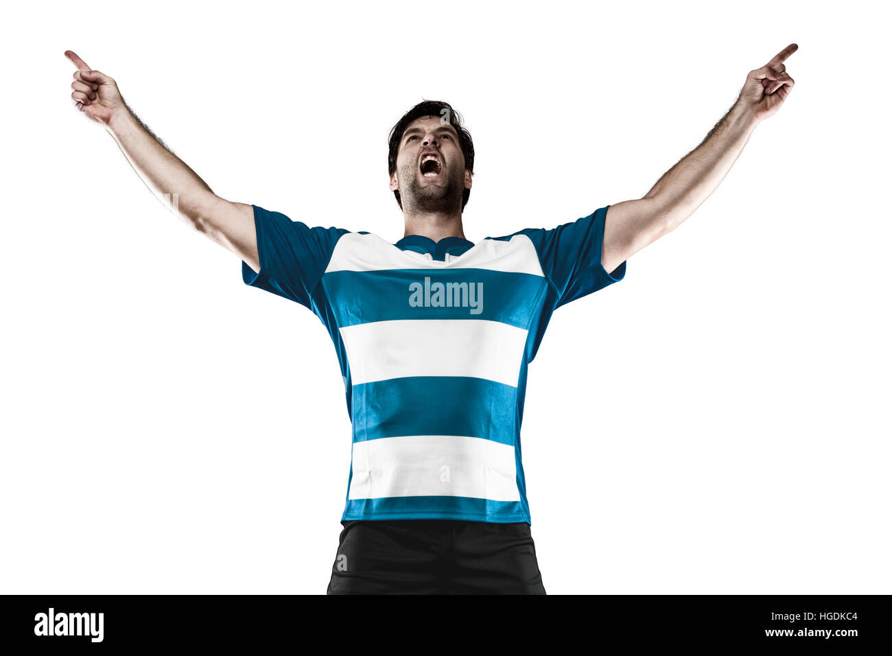 Rugby player in a blue uniform celebrating. White Background Stock ...