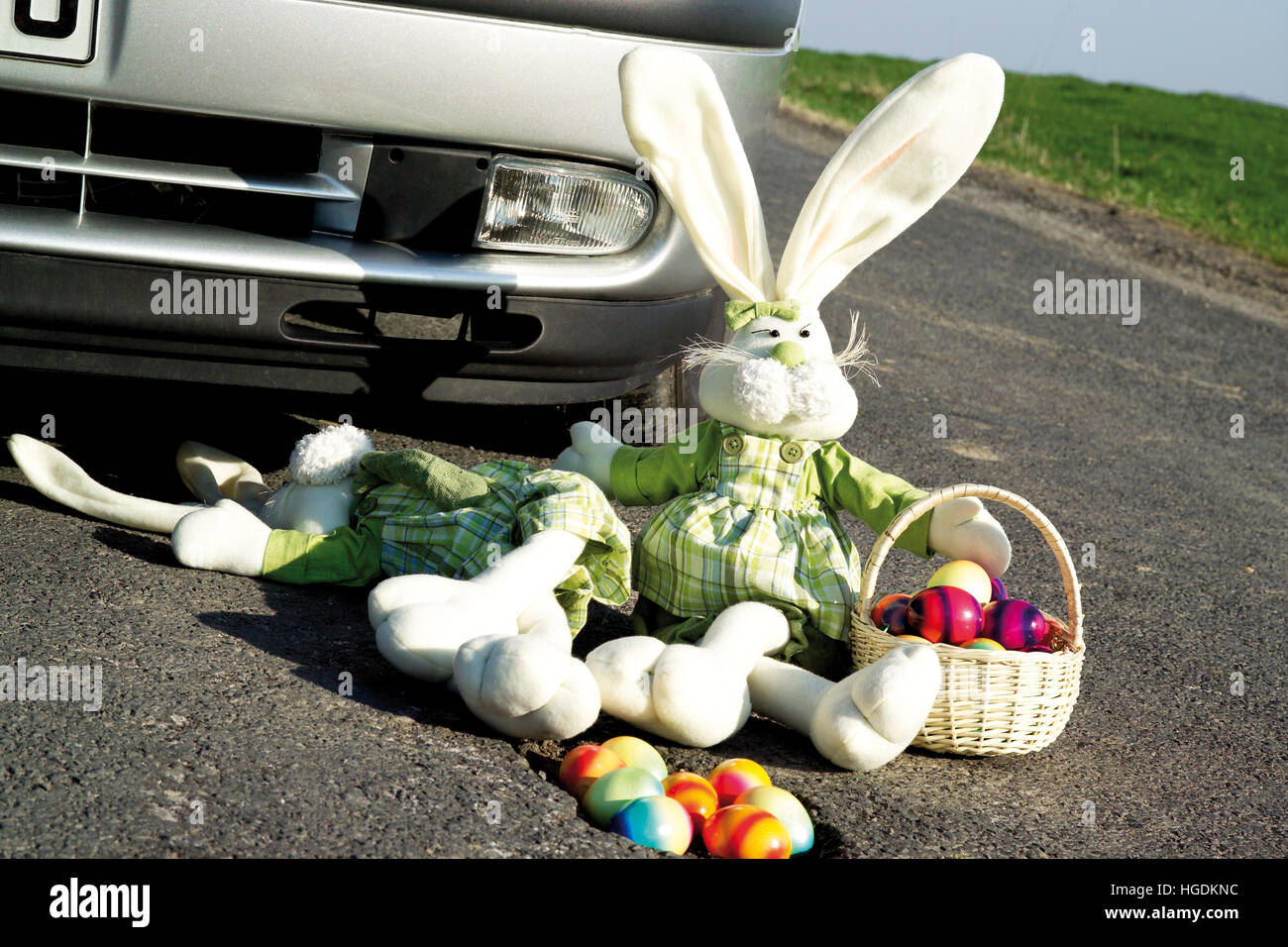 Attention while driving: Easter bunny with basket in front of a car ...