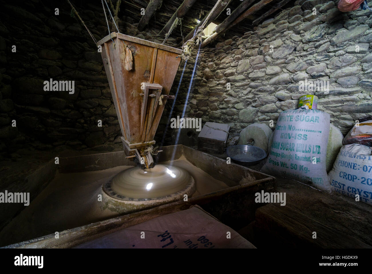 A traditional mill, powered by water power, is milling grains, Kagbeni ...