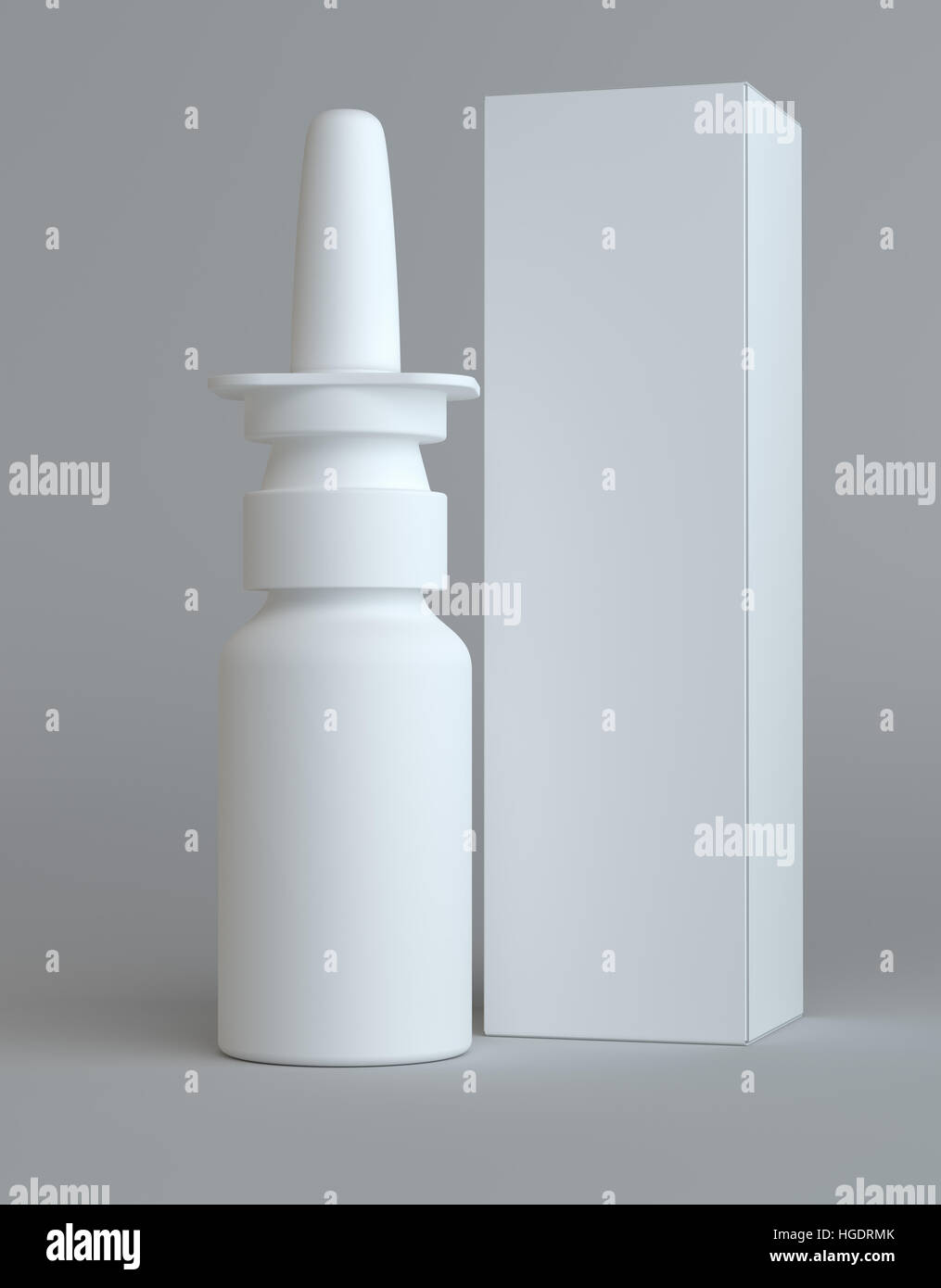 Spray nasal plastic bottle and tall paper box Stock Photo - Alamy