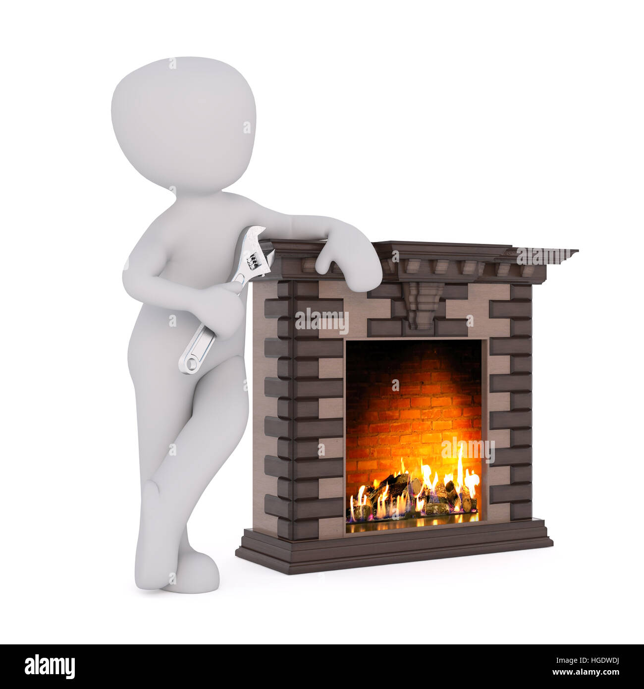 3D figure holds wrench and leans against fireplace as a warm fire rages ...