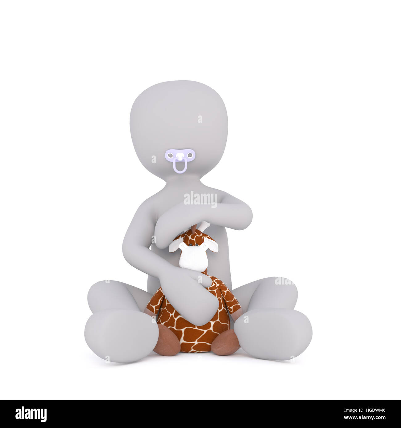 Close up of 3D rendered man baby with purple pacifier sits with his ...