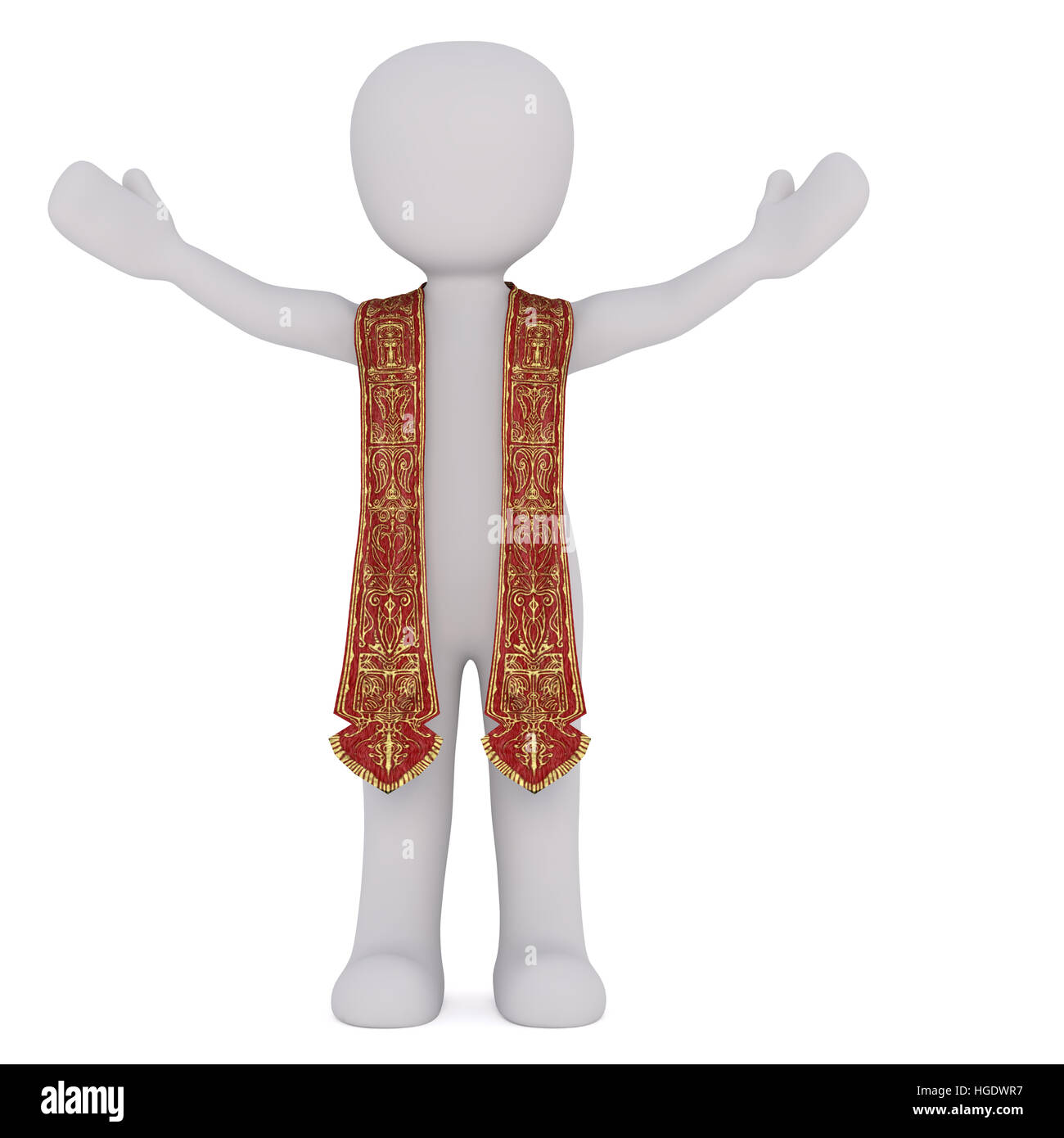 3D figure of spiritual leader stretches his arms while wearing a gold ...