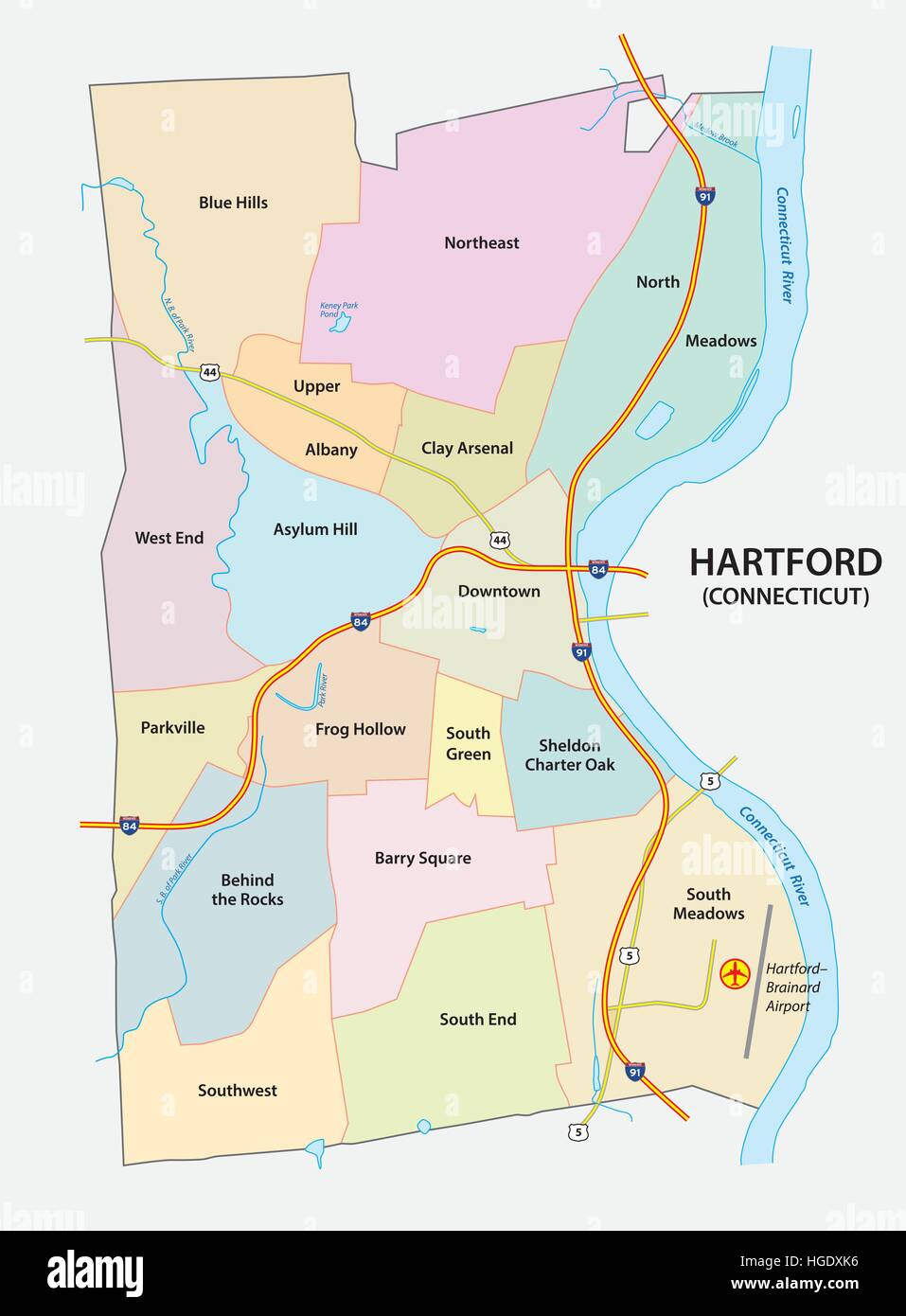 nighborhood map of hartford, the capital of the US State of Connecticut ...