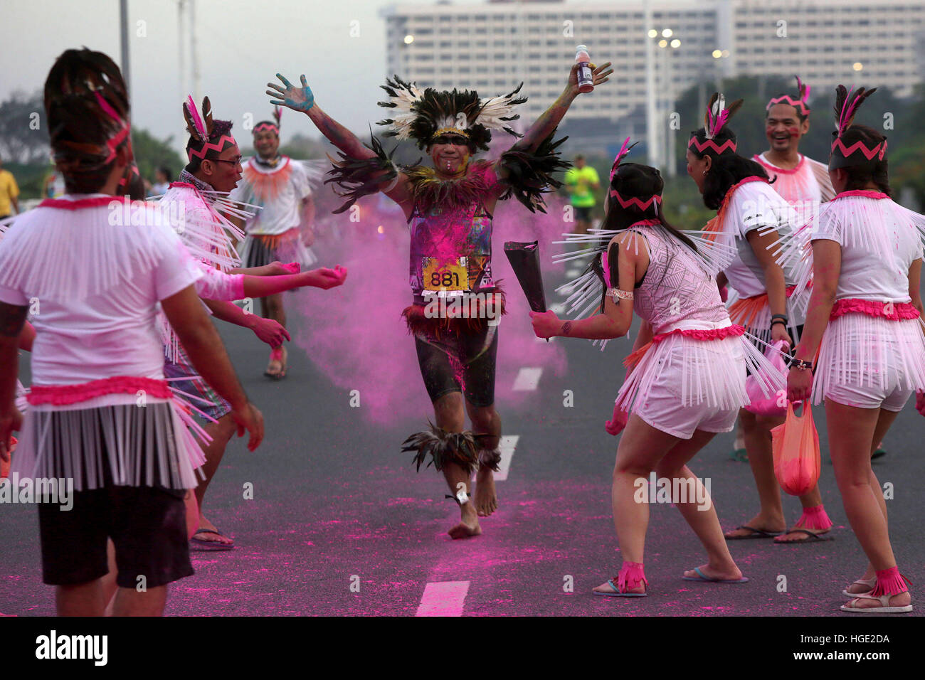 Pasay City, Philippines. 8th Jan, 2017. Colored powders are thrown on ...