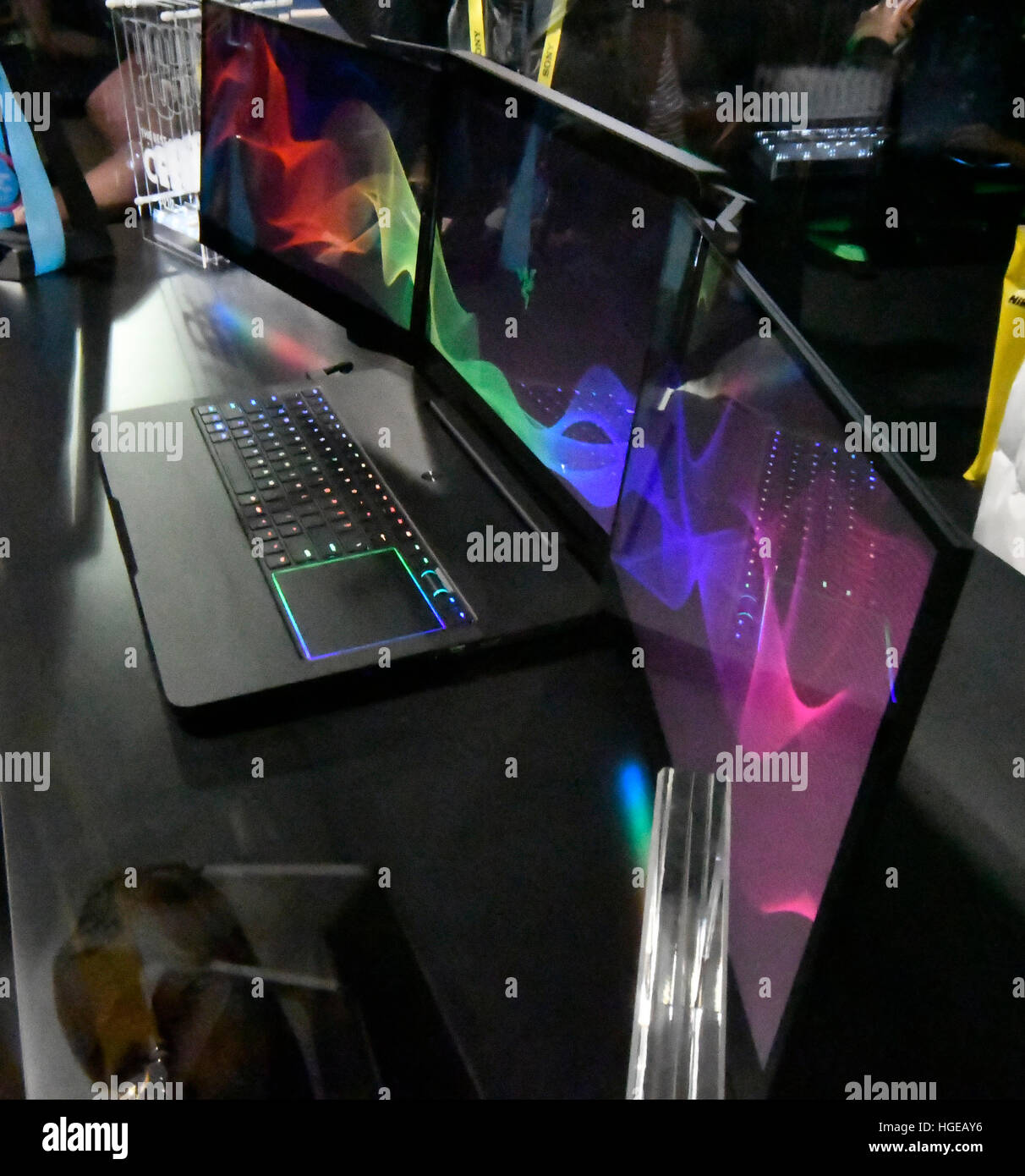 Razers shows their triple 17 inch screen laptop during day 2 at the ...