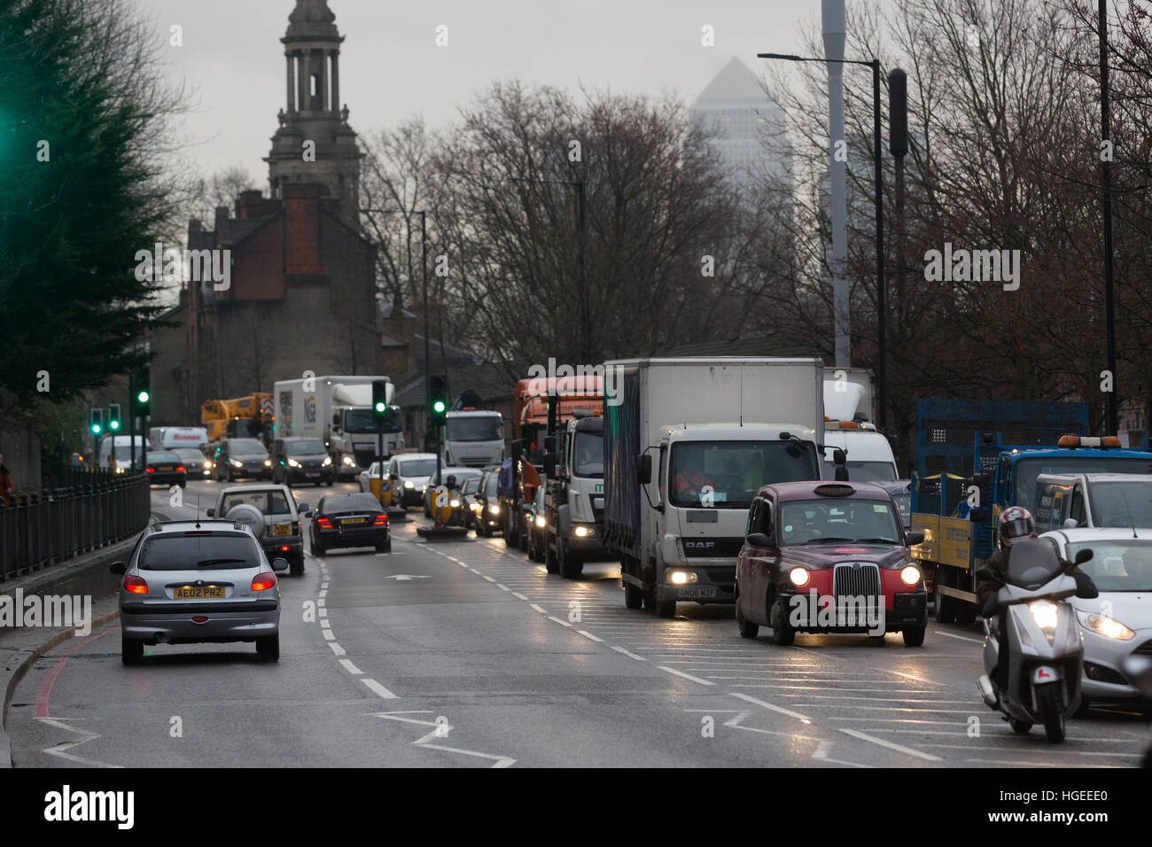 London, UK. 9th Jan, 2017. Queues of traffic in east London heading ...