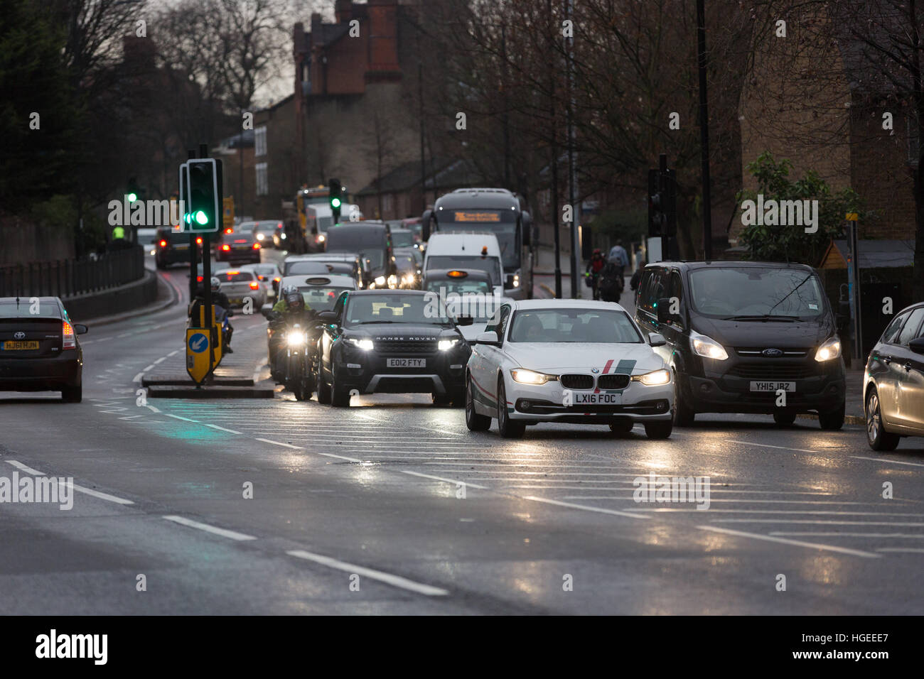 London, UK. 9th Jan, 2017. Queues of traffic in east London heading ...