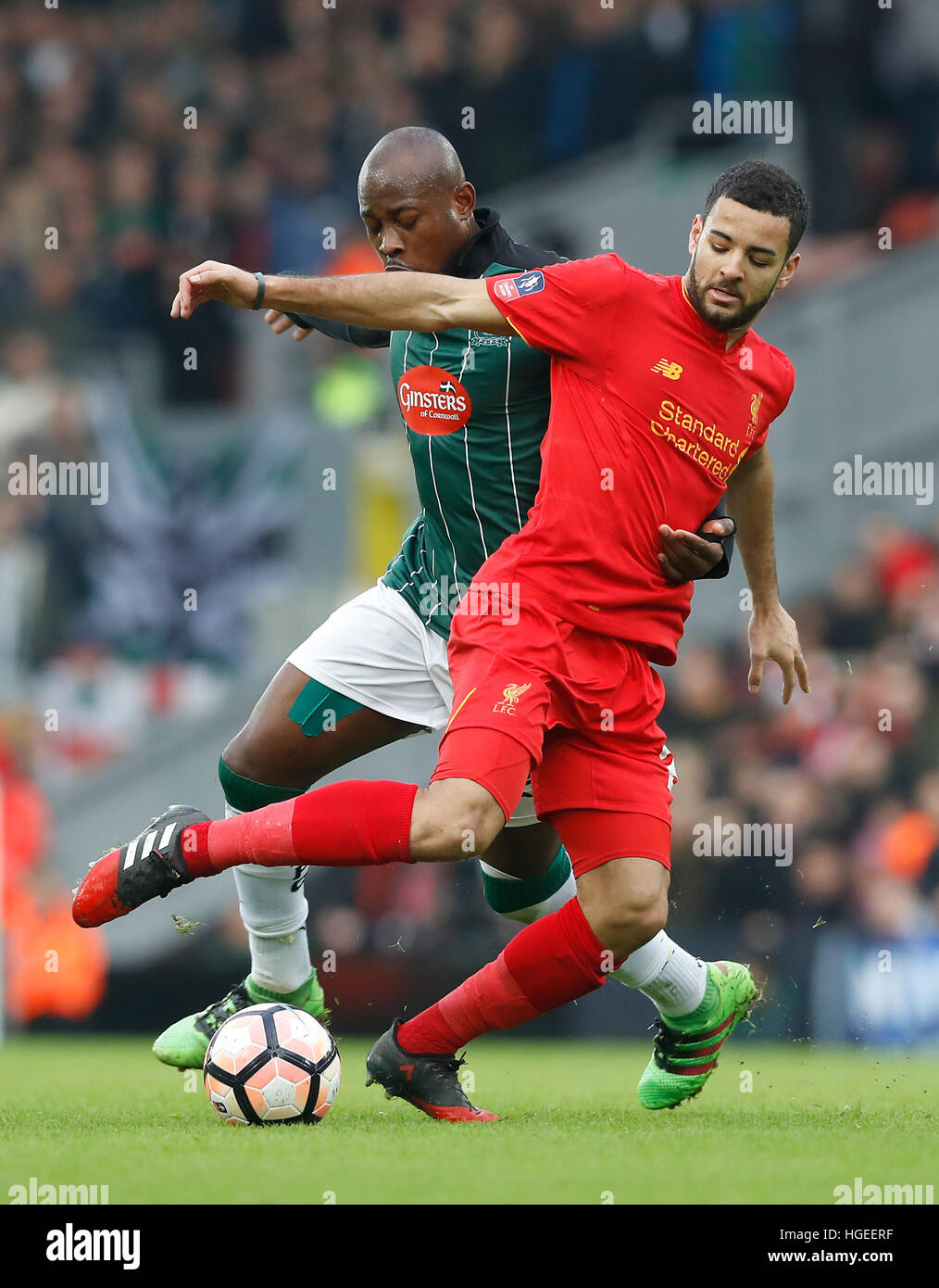Liverpool's Kevin Stewart (right) and Plymouth Argyle's Paul Arnold ...