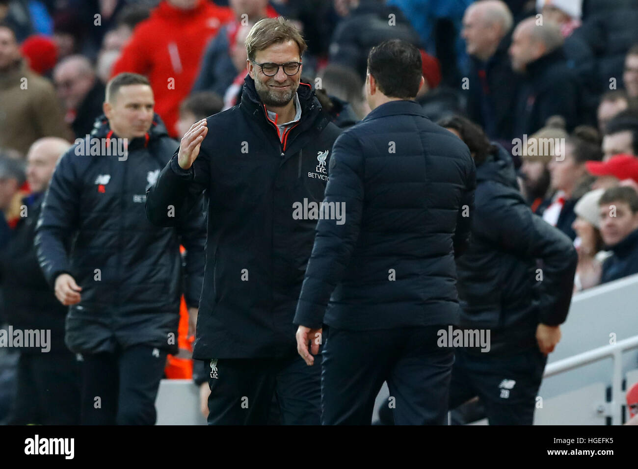 Liverpool manager Jurgen Klopp (left) and Plymouth Argyle manager Derek ...