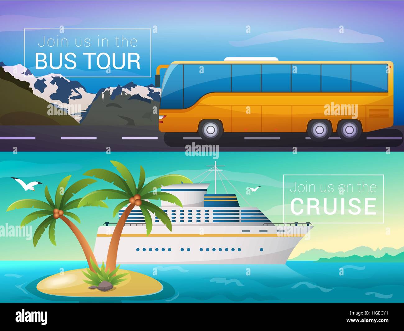 Vector travel banners set. Bus tour to Alps mountains, ocean sea cruise ...