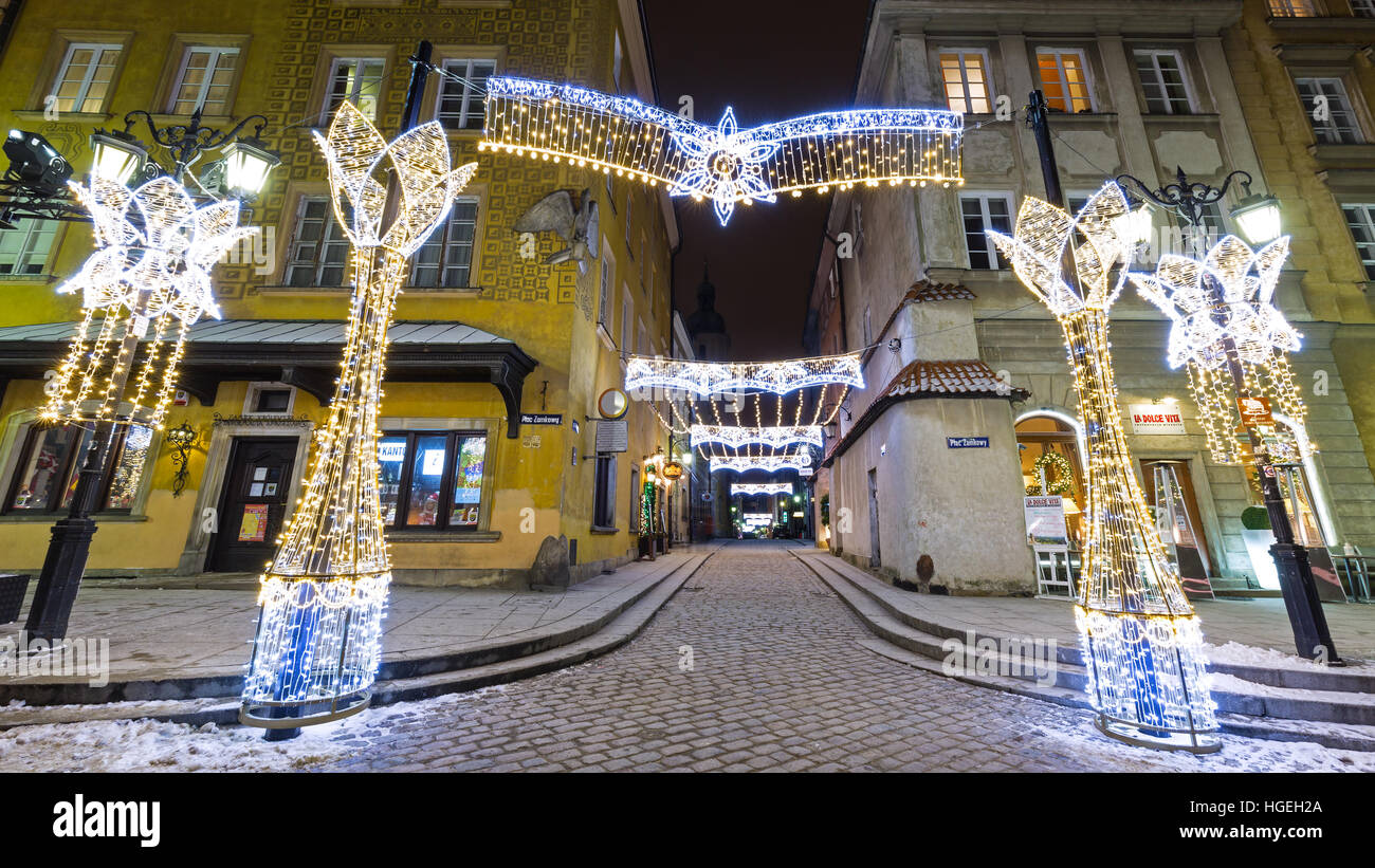 Warsaw, Old Town, Poland January 5 2017. Christmas decorations on the ...