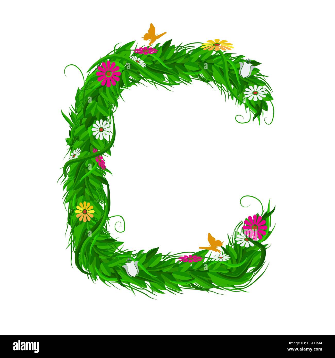 C Green eco letter with leaves and flowers for your design. Flat color ...