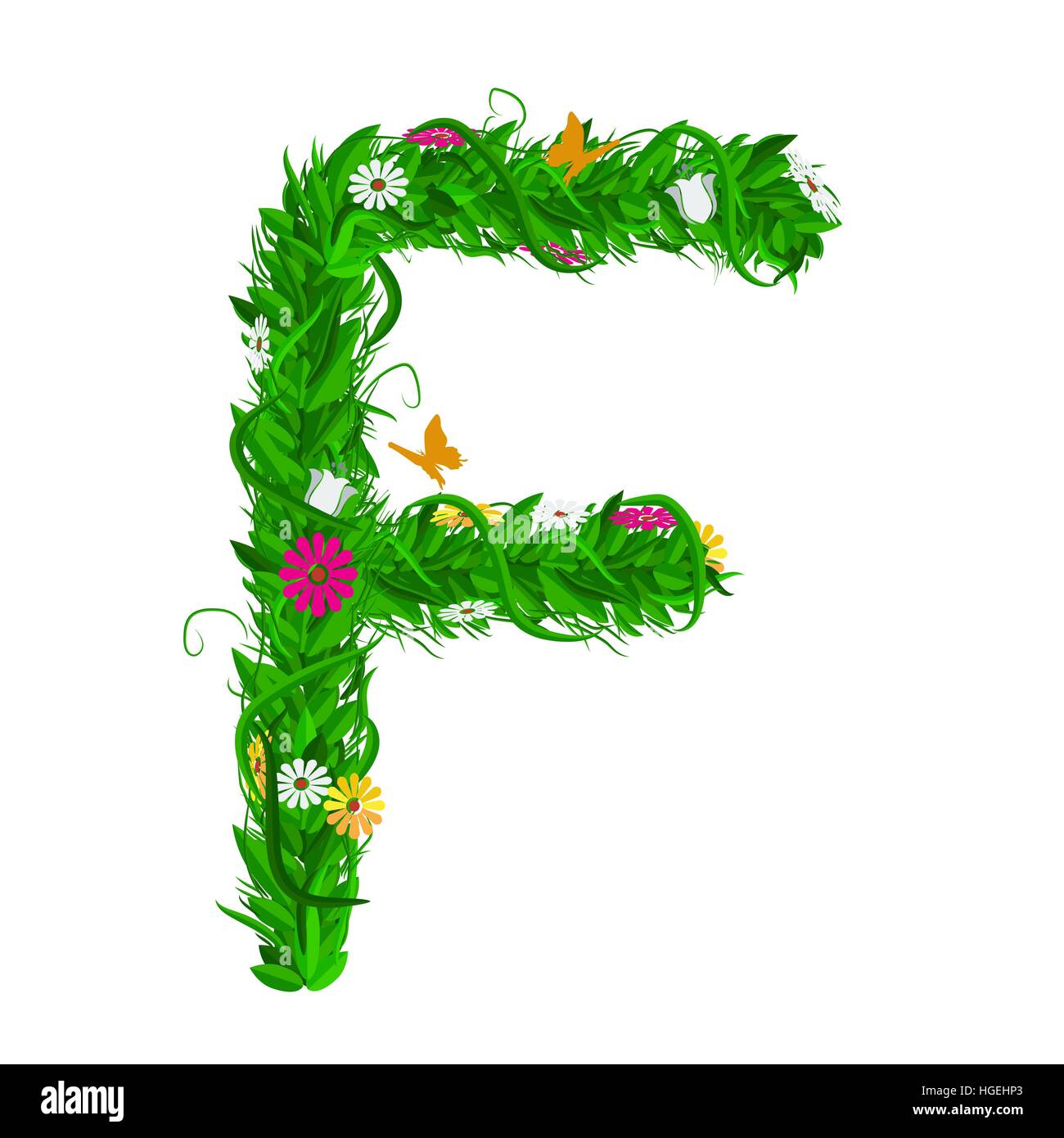 F Green eco letter with leaves and flowers for your design. Flat color ...