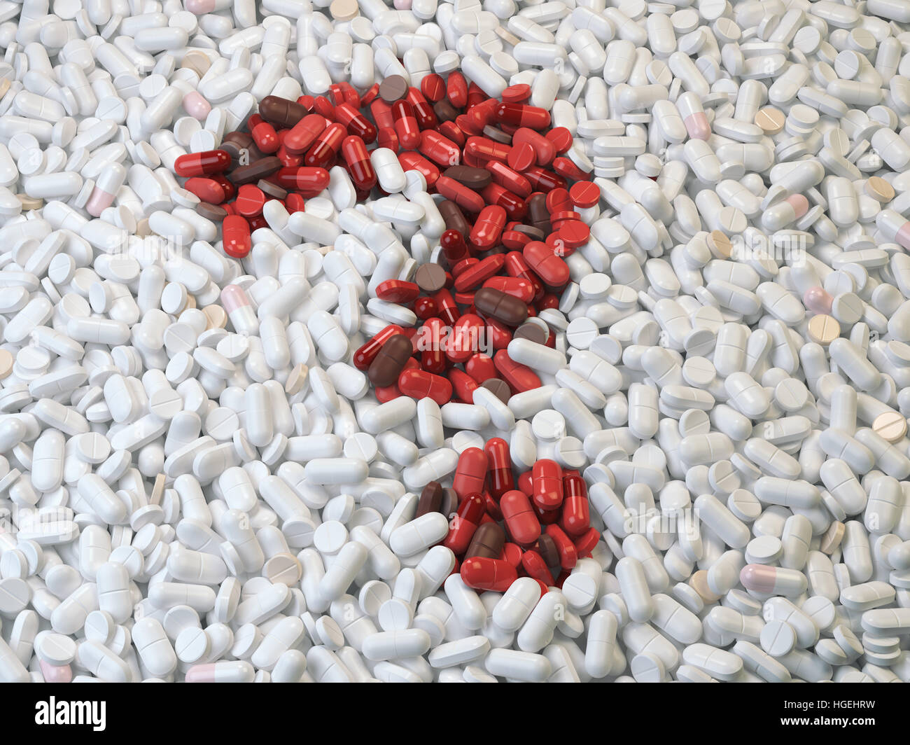 Question mark from red pills and capsules on white background. Medical ...