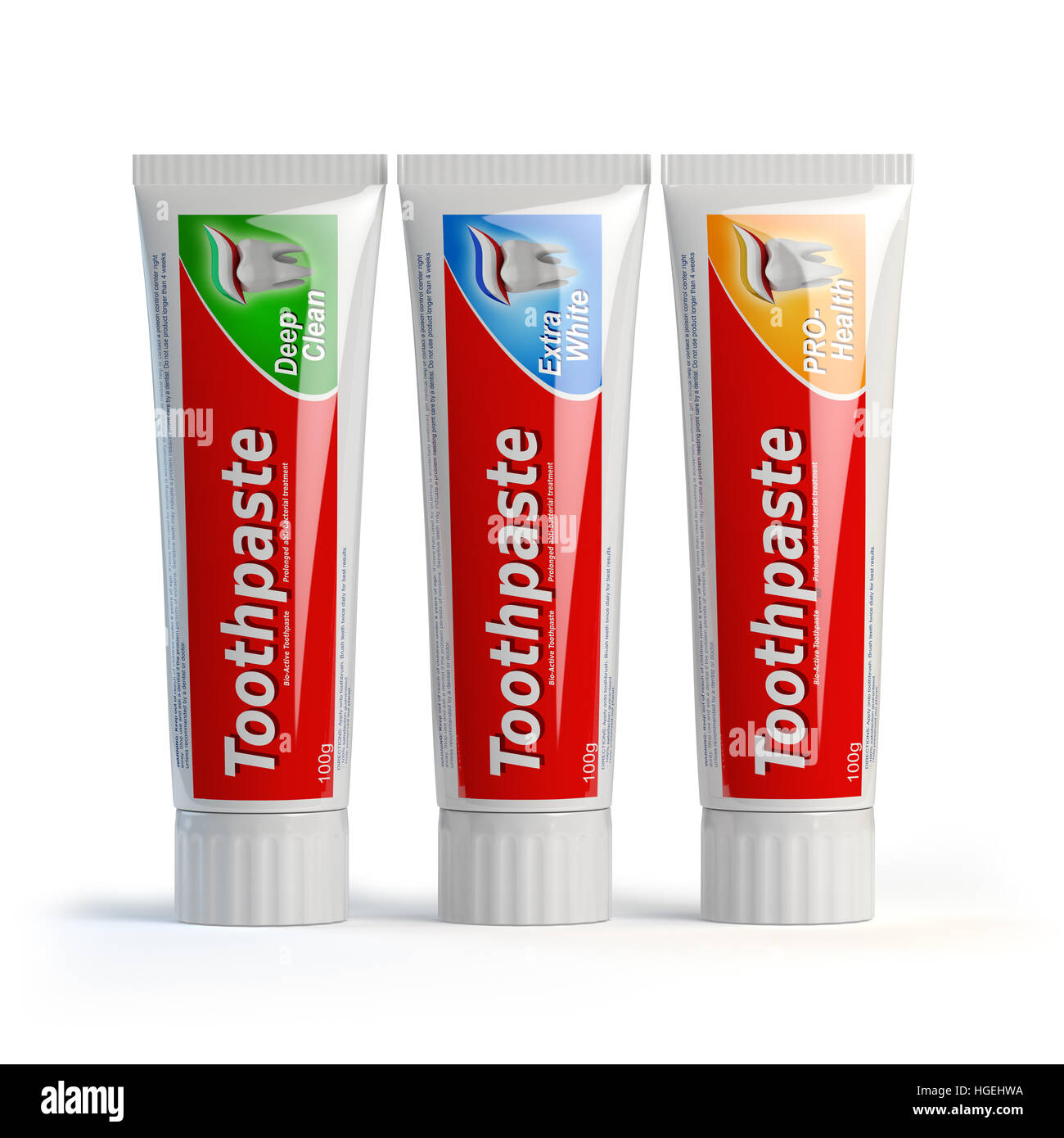 Three toothpaste containers on white isolated background. 3d ...