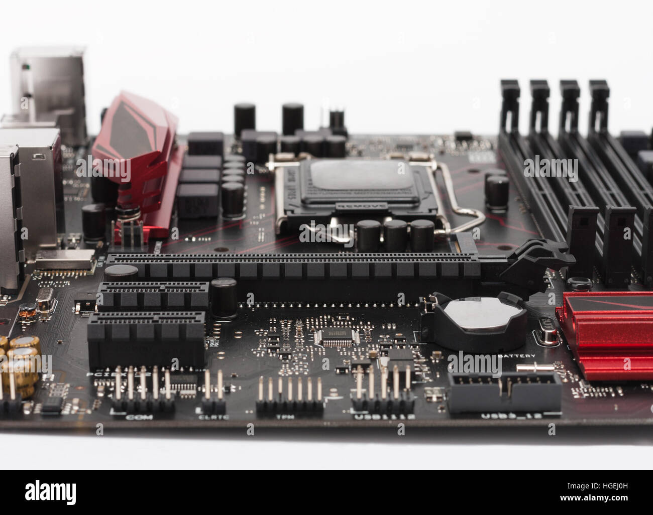 Slot for graphic card on new, gaming motherboard, isolated on white ...