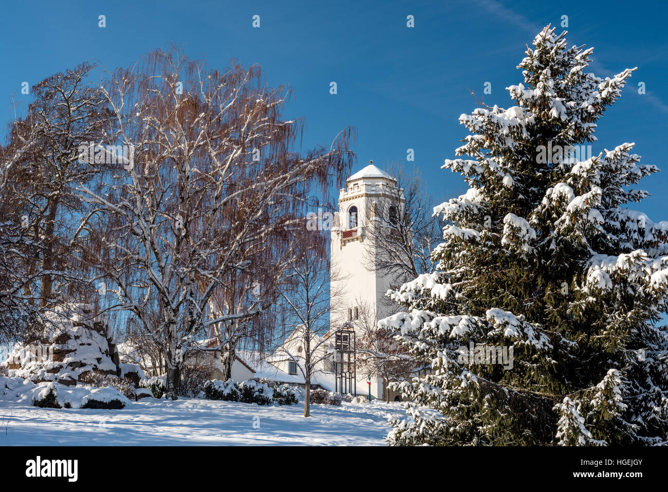 Fresh snow on the park and train Depot in Boise Idaho Stock Photo - Alamy