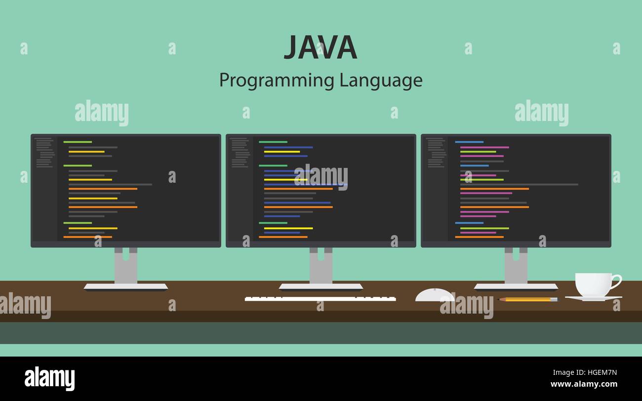 Illustration Of Java Programming Language Code Displayed On Three Monitor In A Row At Programmer