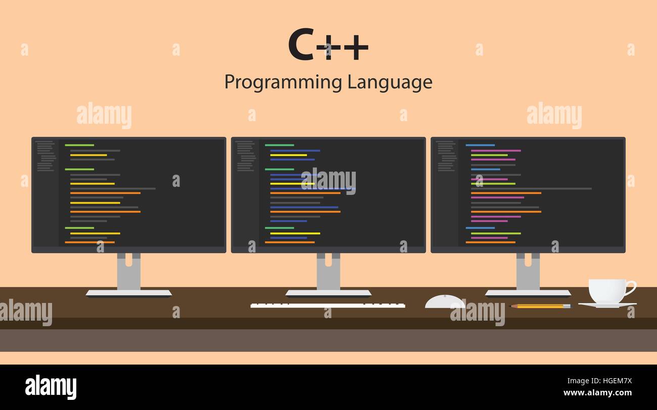 Illustration of C programming language code displayed on three monitor ...