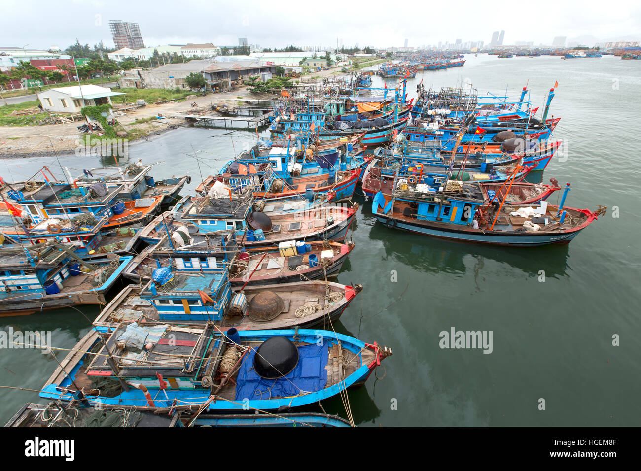 Anchored fishing boats, prediction of oncoming typhoon Stock Photo - Alamy