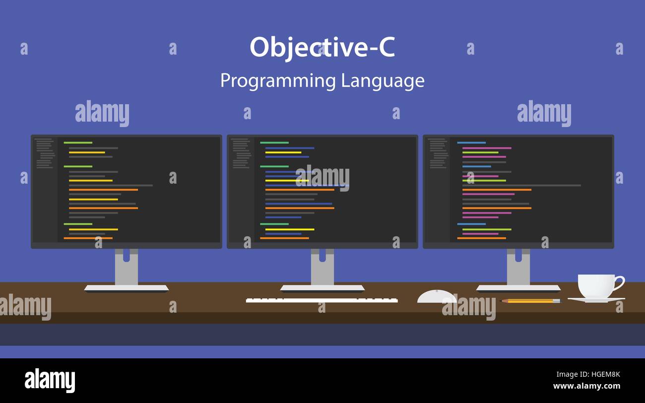 Illustration Of Objective C Programming Language Code Displayed On Three Monitor In A Row At