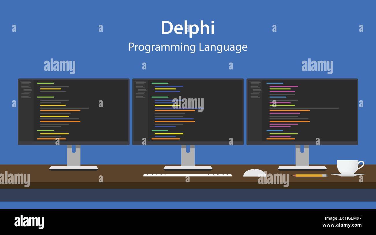 Illustration Of Delphi Programming Language Code Displayed On Three Monitor In A Row At 