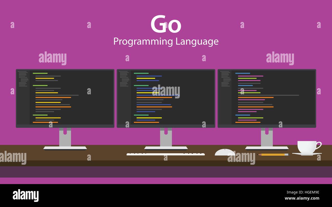 Illustration Of Go Programming Language Code Displayed On Three Monitor In A Row At Programmer