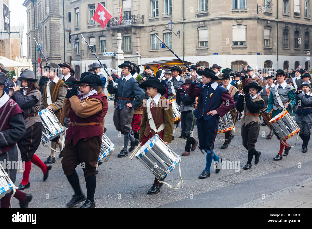 Marching band in period costume for Escalade celebrations in Geneva ...
