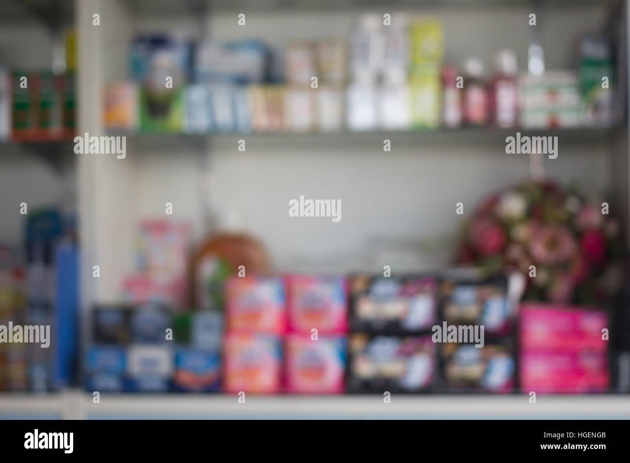 Blur abstract background inside pharmacy store with shelves of ...
