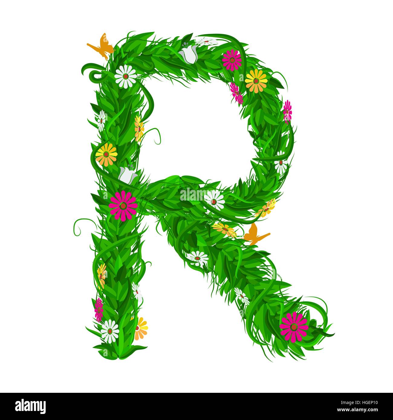 R Green eco letter with leaves and flowers for your design. Flat color ...