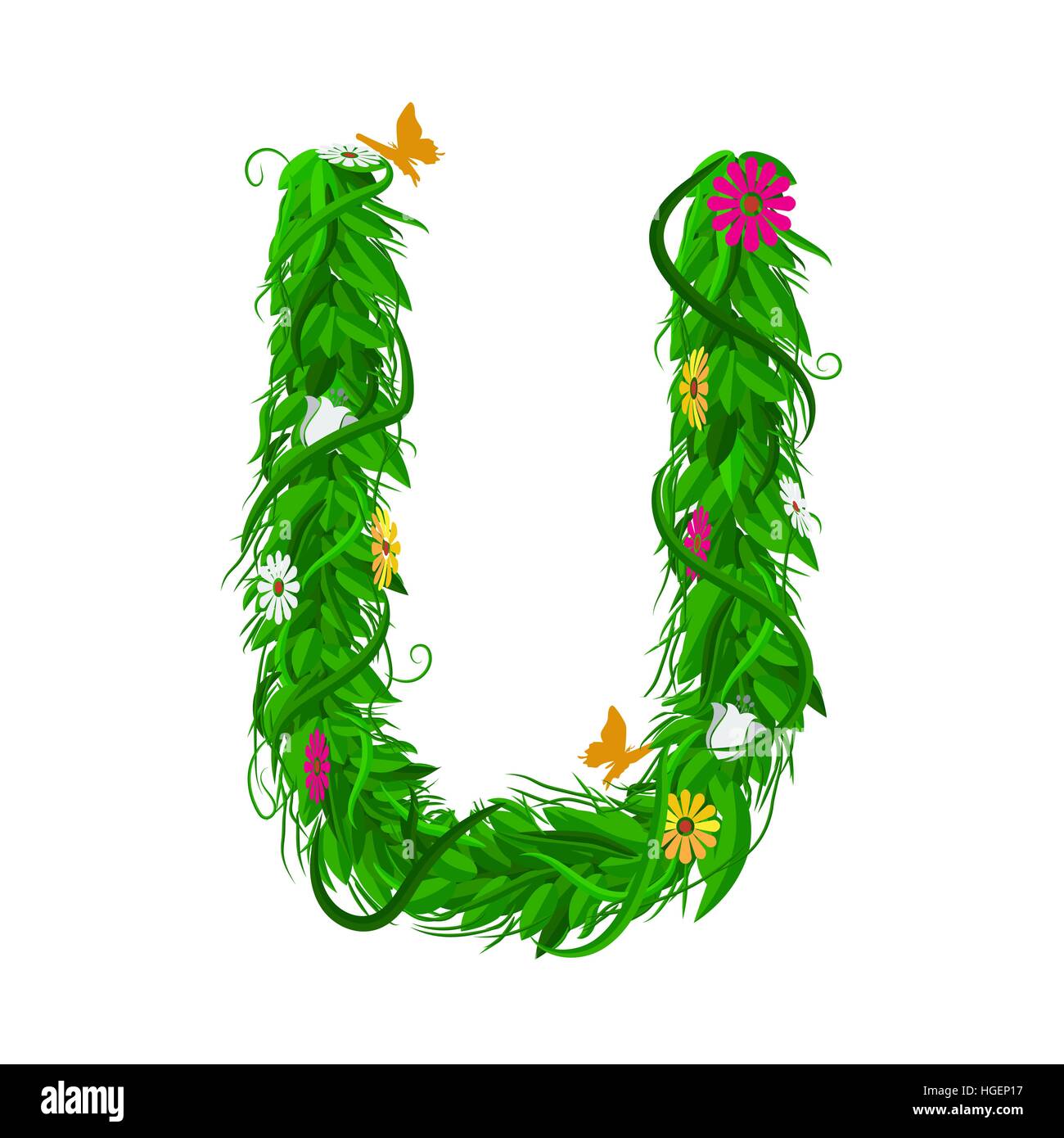 U Green eco letter with leaves and flowers for your design. Flat color ...