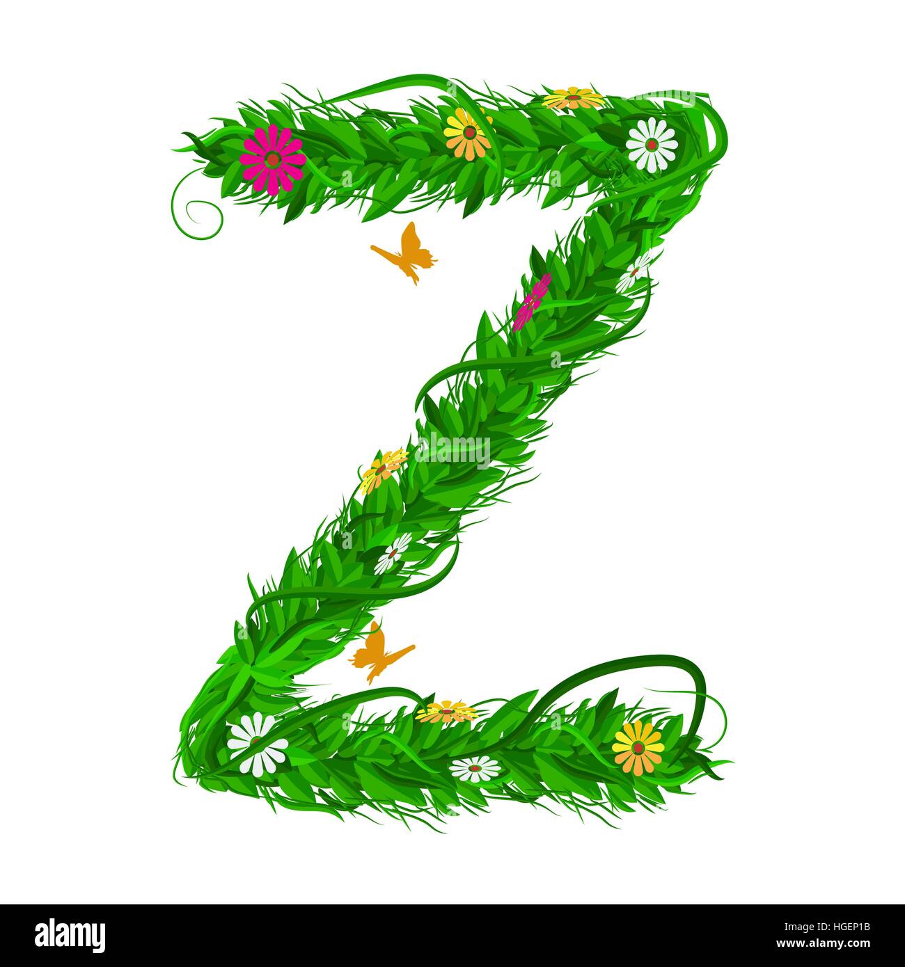 Z Green eco letter with leaves and flowers for your design. Flat color ...