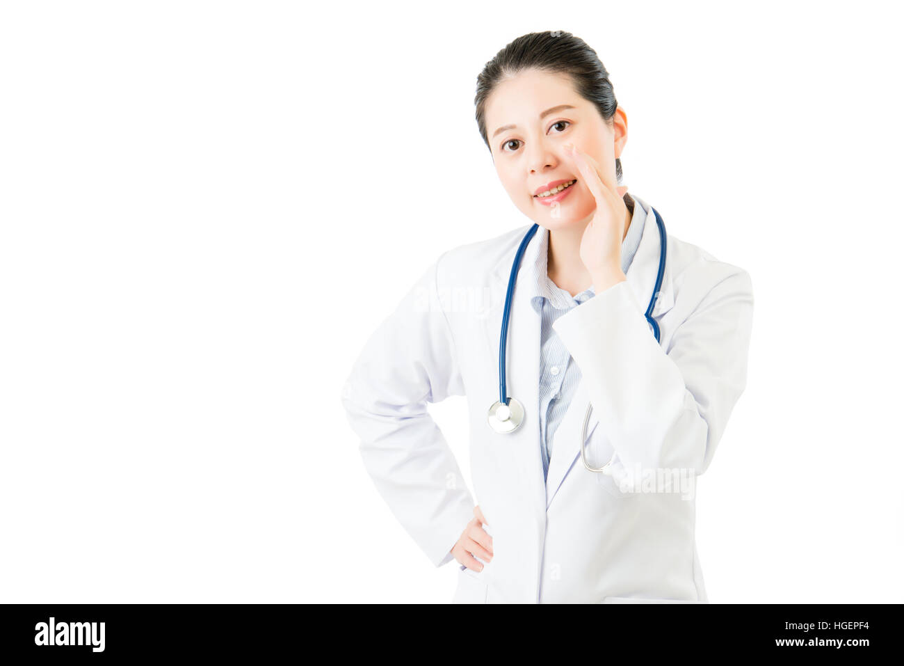 asian woman doctor with stethoscope hand tell shouting gesture ...