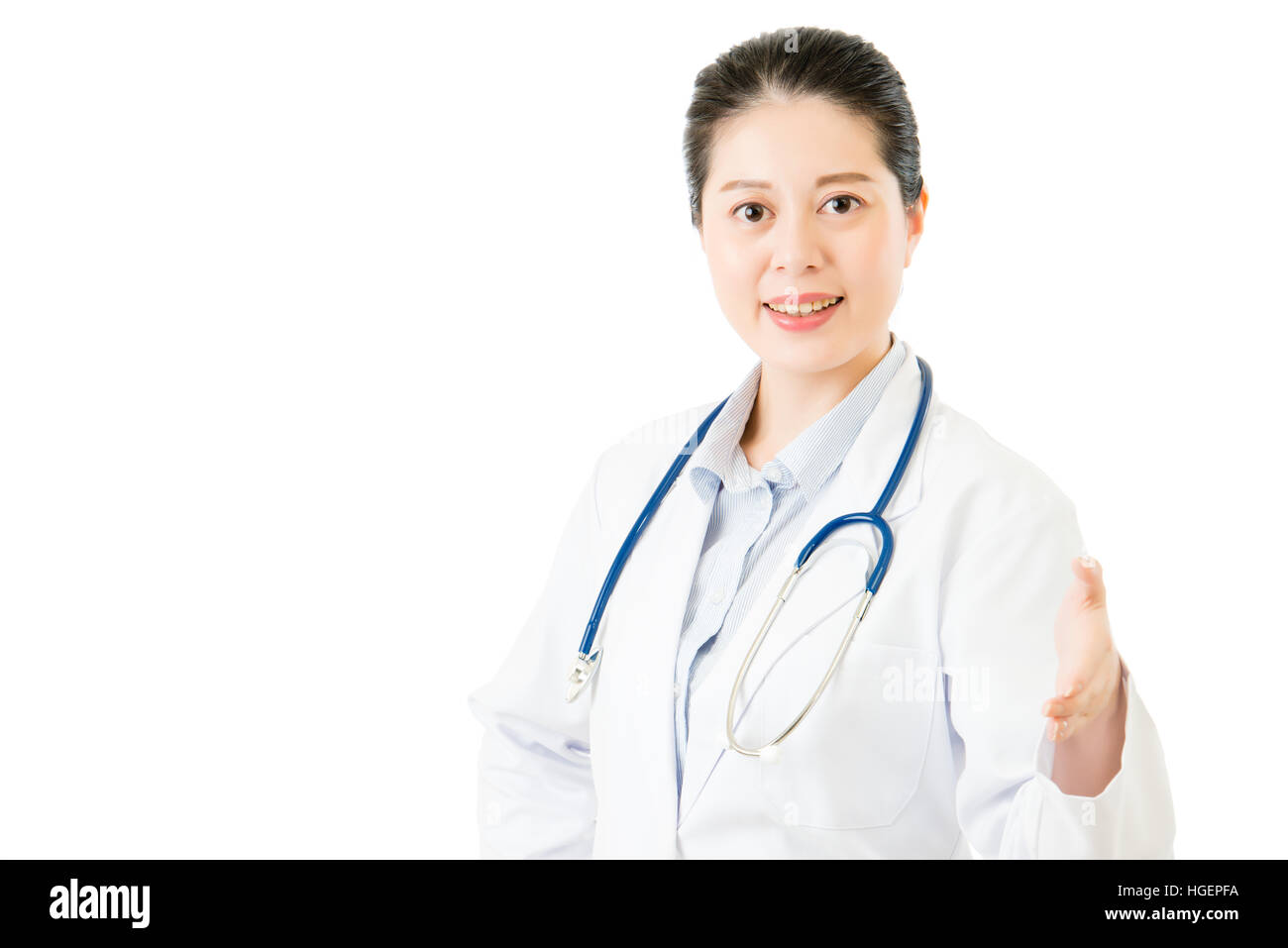 successful asian doctor handshake with stethoscope. isolated on white ...
