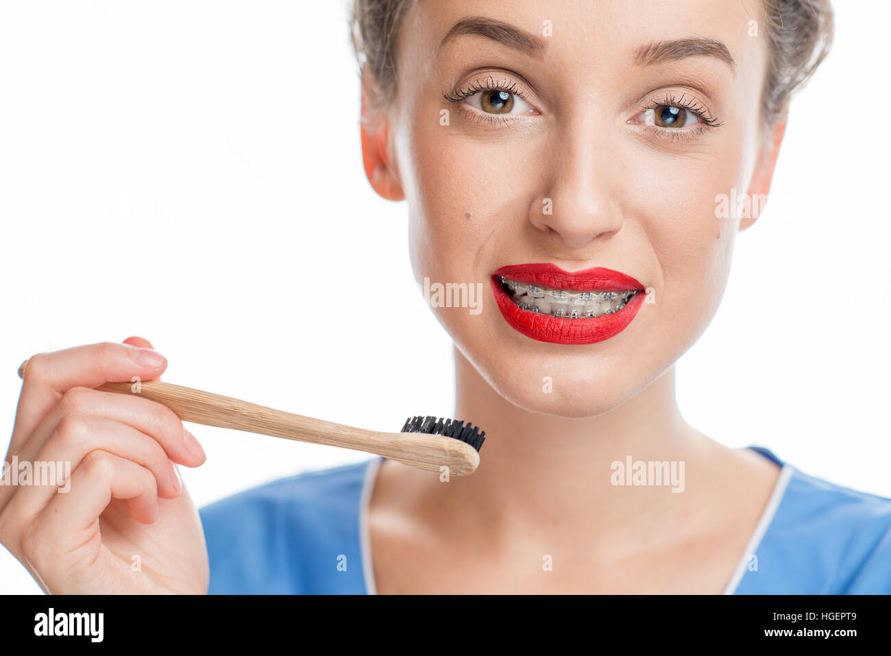 Woman with tooth braces Stock Photo - Alamy