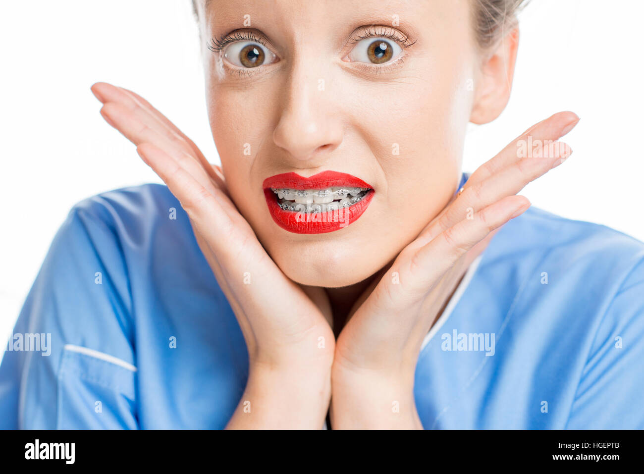 Woman with tooth braces Stock Photo - Alamy