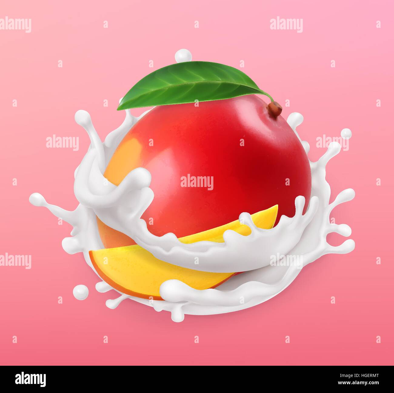 Mango and milk splash. Fruit and yogurt. 3d vector icon. Realistic ...