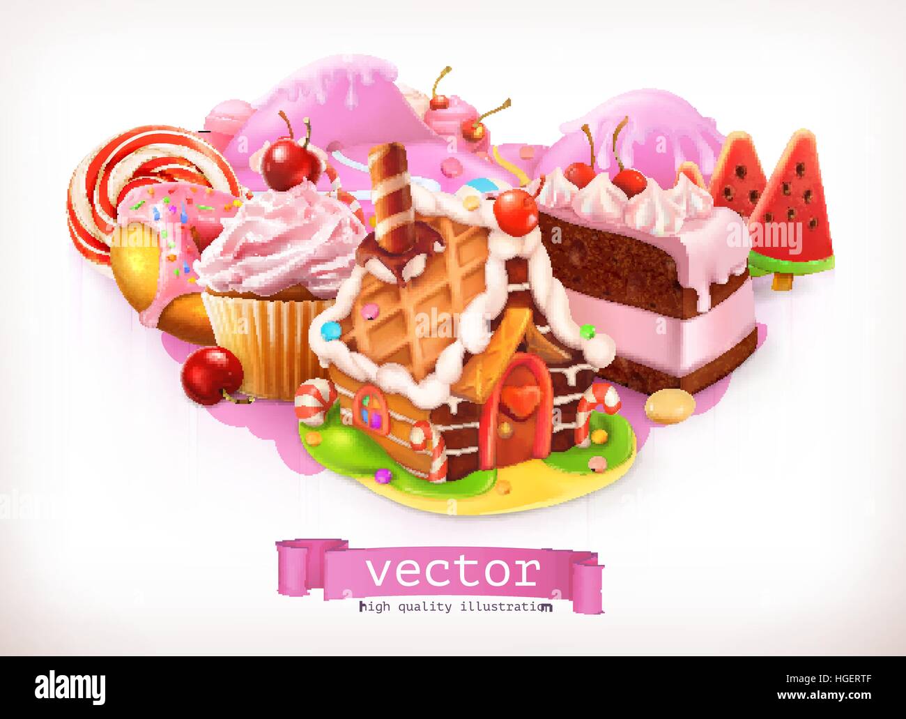 Sweet shop. Pink. Confectionery and desserts, cake, cupcake, candy. 3d ...