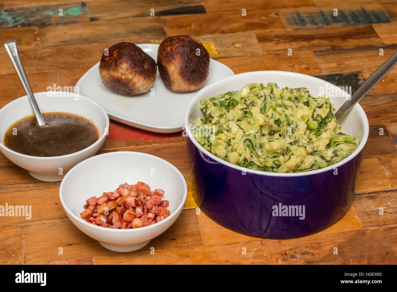 Traditional dutch dish stamppot with endive, mashed potatoes, meatballs ...