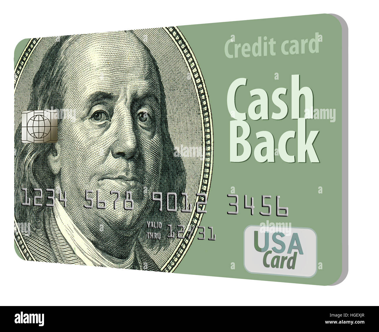 Cash Back Card. Ben Franklin from a one-hundred dollar bill decorates ...