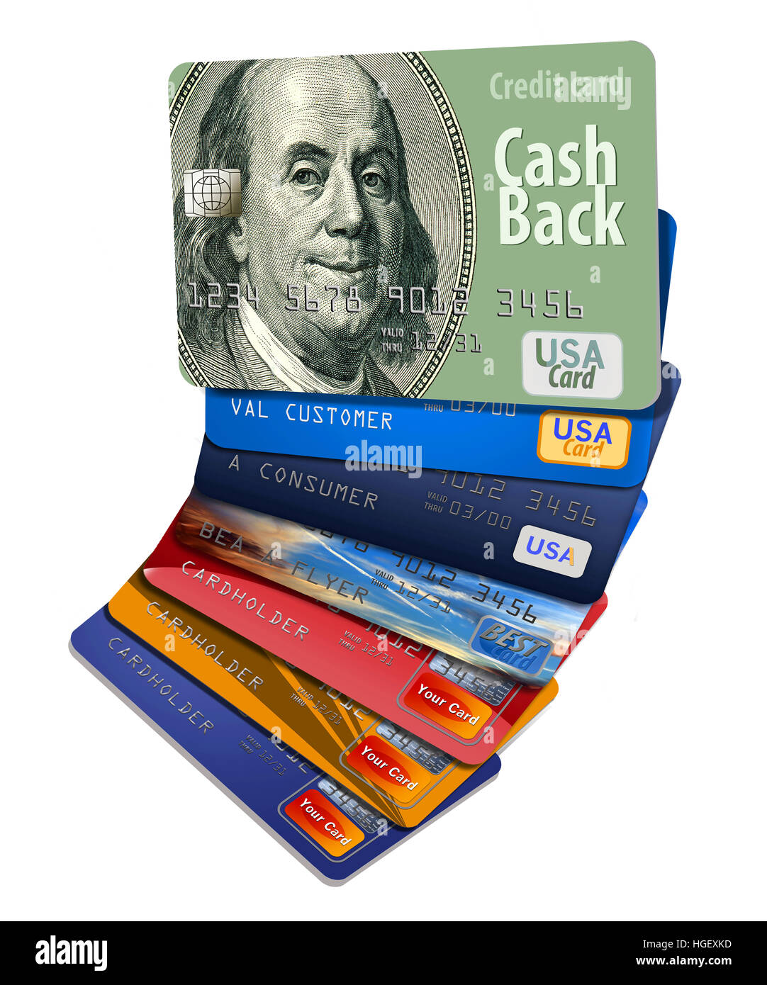 Cash Back Card. Ben Franklin from a one-hundred dollar bill decorates ...