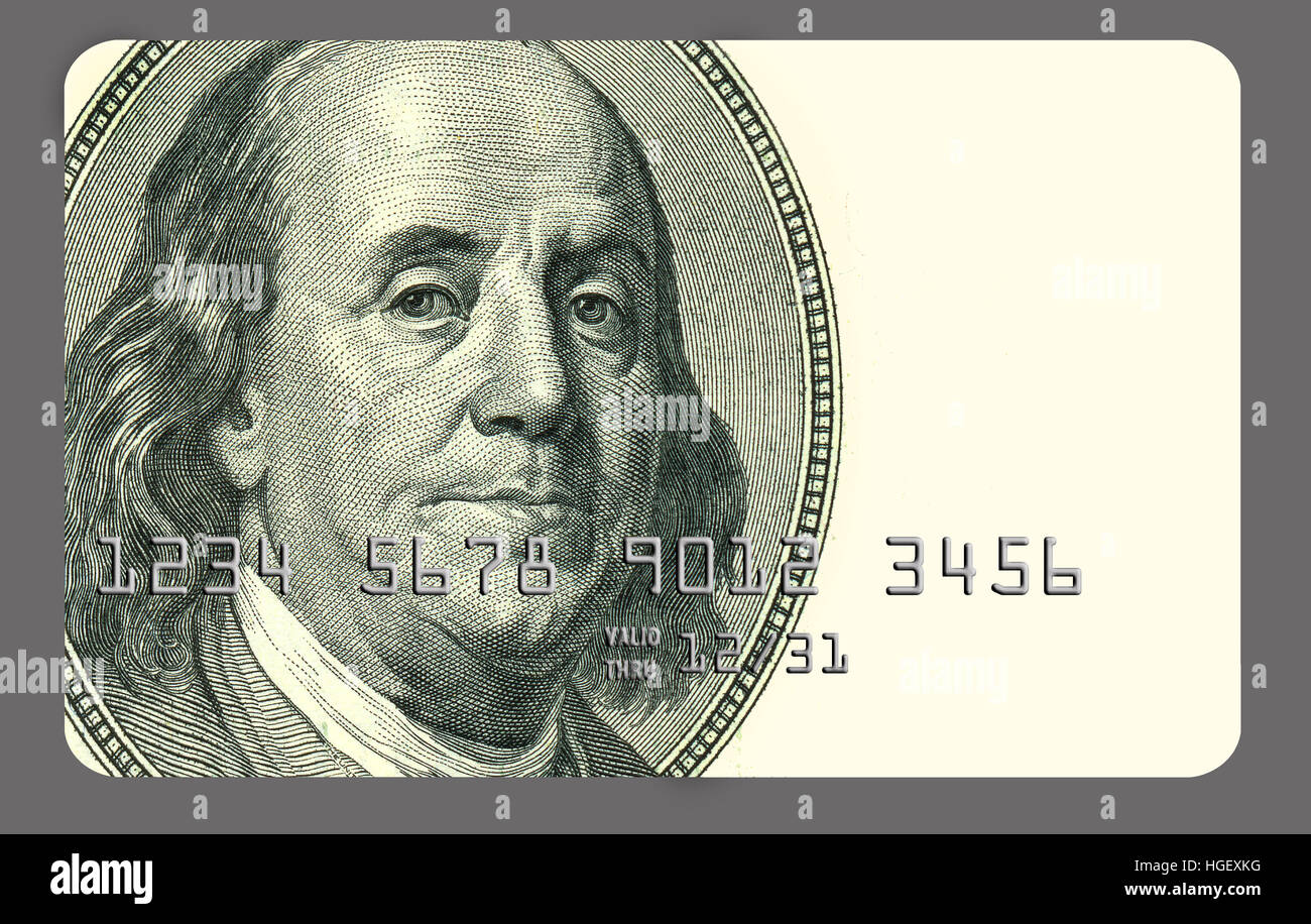 Cash Back Card. Ben Franklin from a one-hundred dollar bill decorates ...