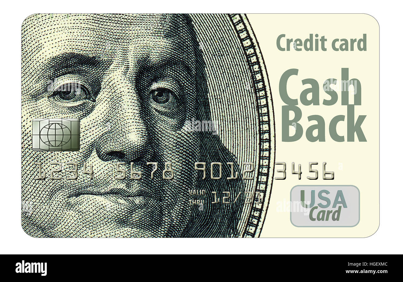 Cash Back Card. Ben Franklin from a one-hundred dollar bill decorates ...