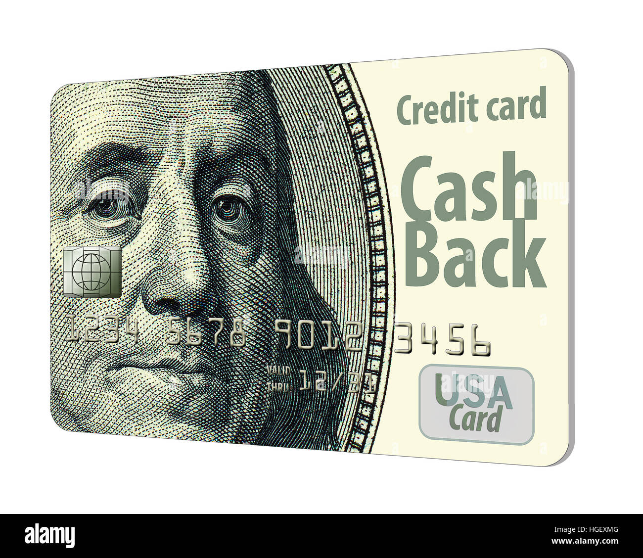 Cash Back Card. Ben Franklin from a one-hundred dollar bill decorates ...