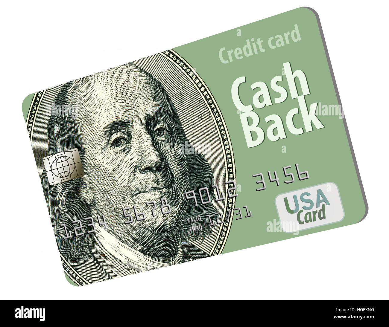 Cash Back Card. Ben Franklin from a one-hundred dollar bill decorates ...