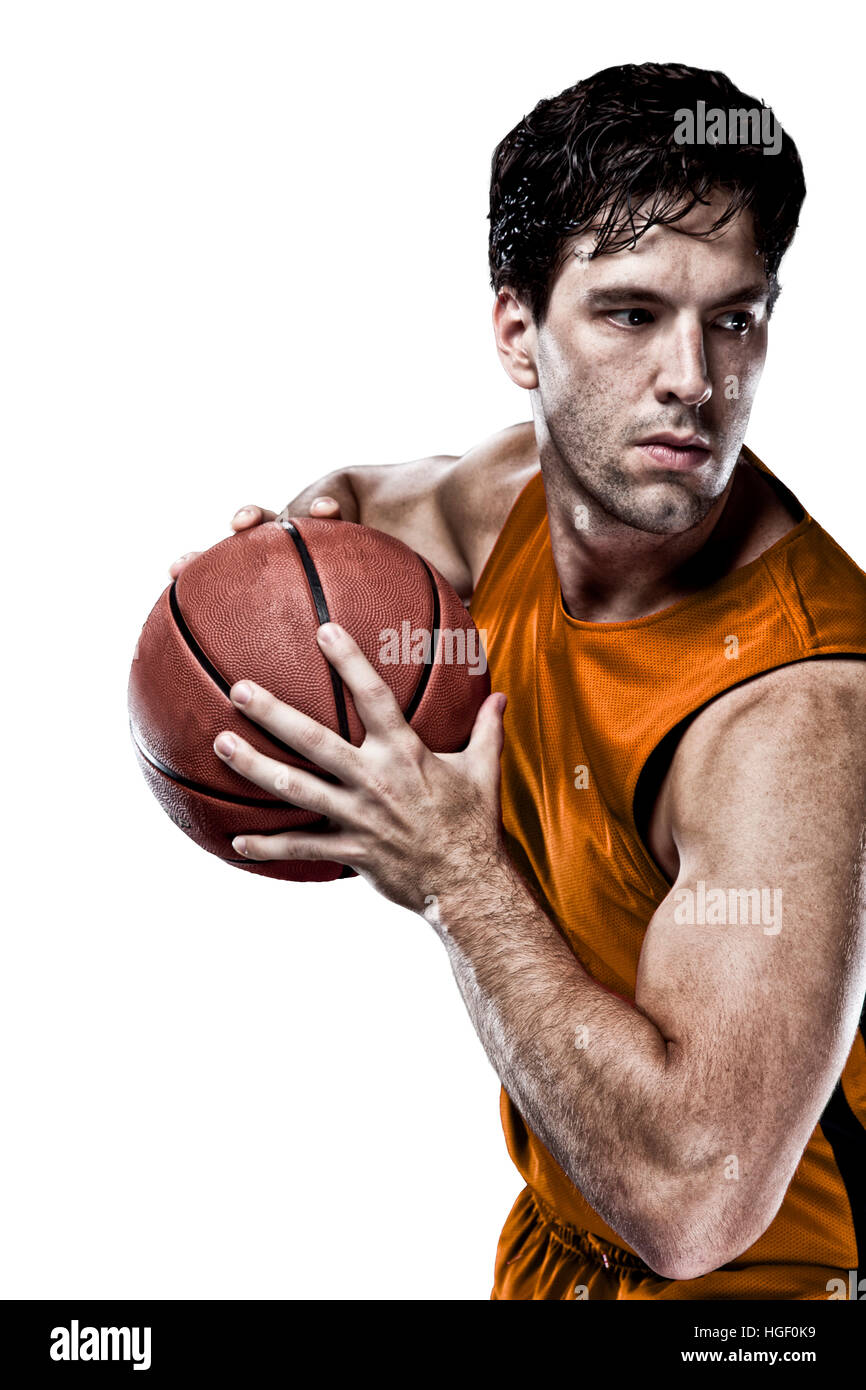 Basketball player on a orange uniform, on a white background Stock ...